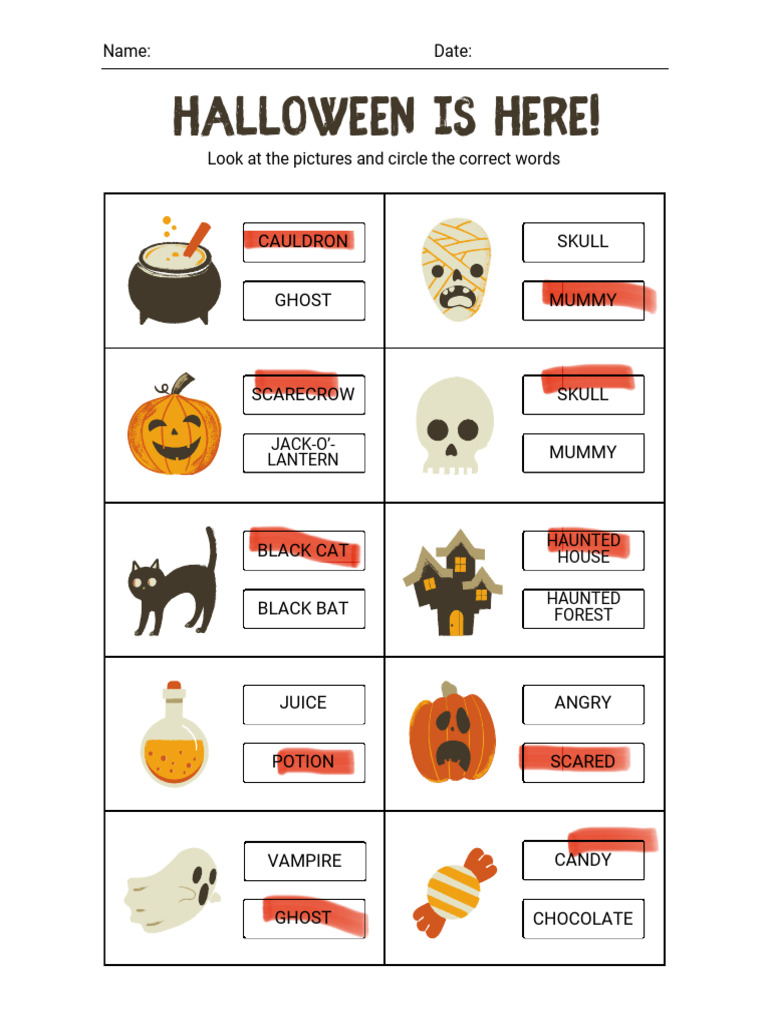 Halloween Vocabulary Worksheet in Colorful Illustrative Style 2 | PDF