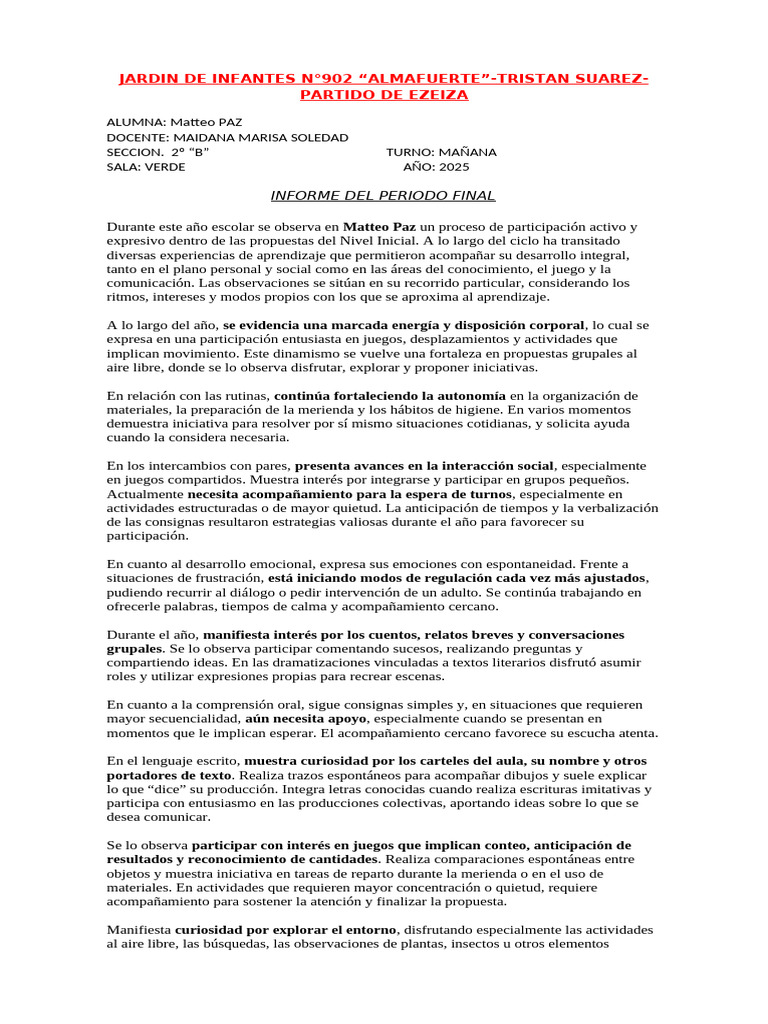 INFORME FINAL SALA VERDE | PDF | Educación de la primera infancia ...
