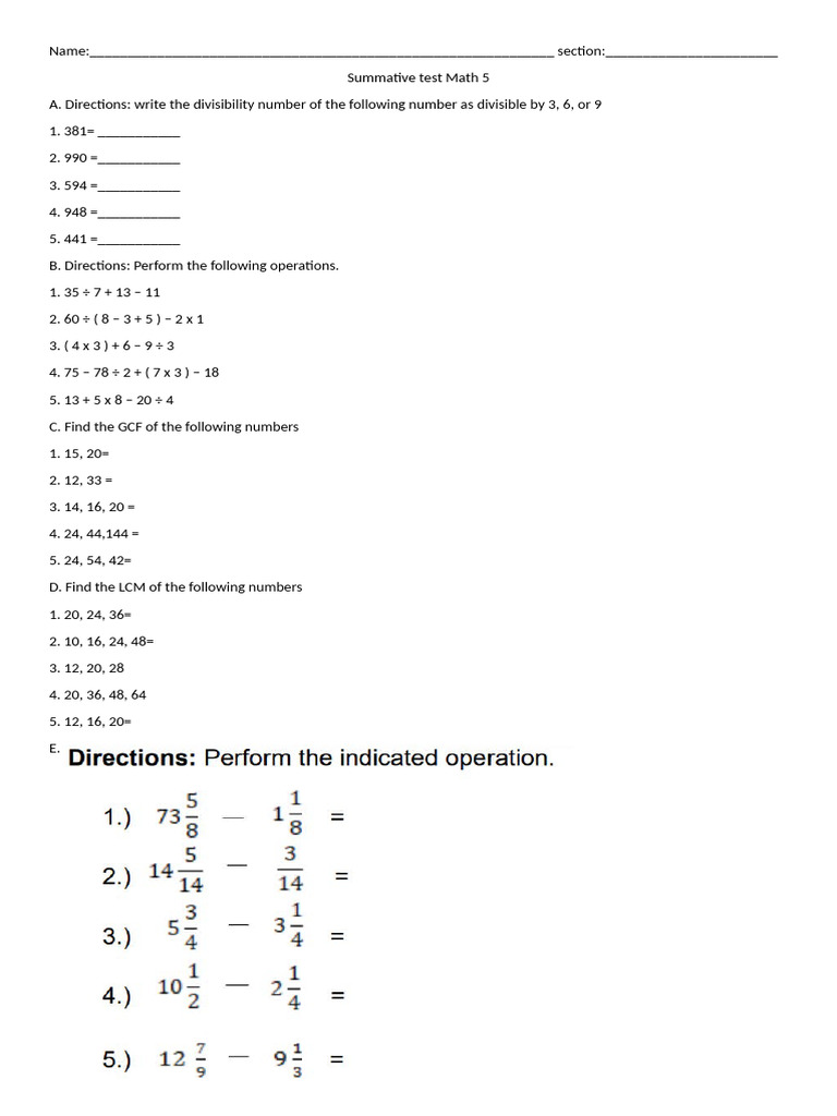 Math 5 Summative Test on Divisibility | PDF