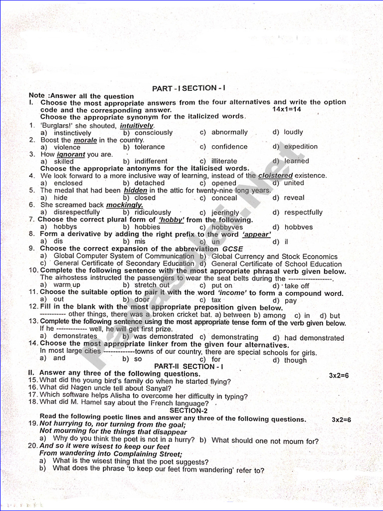 10th English - Answer Key With Question Paper for Half Yearly Exam ...