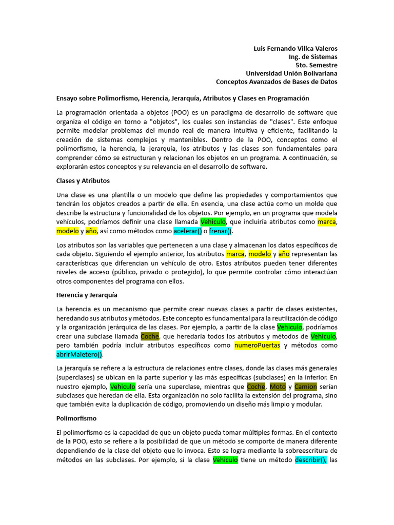 Ensayo Sobre Polimorfismo, Herencia, Jerarquía Atributos, Clases en ...
