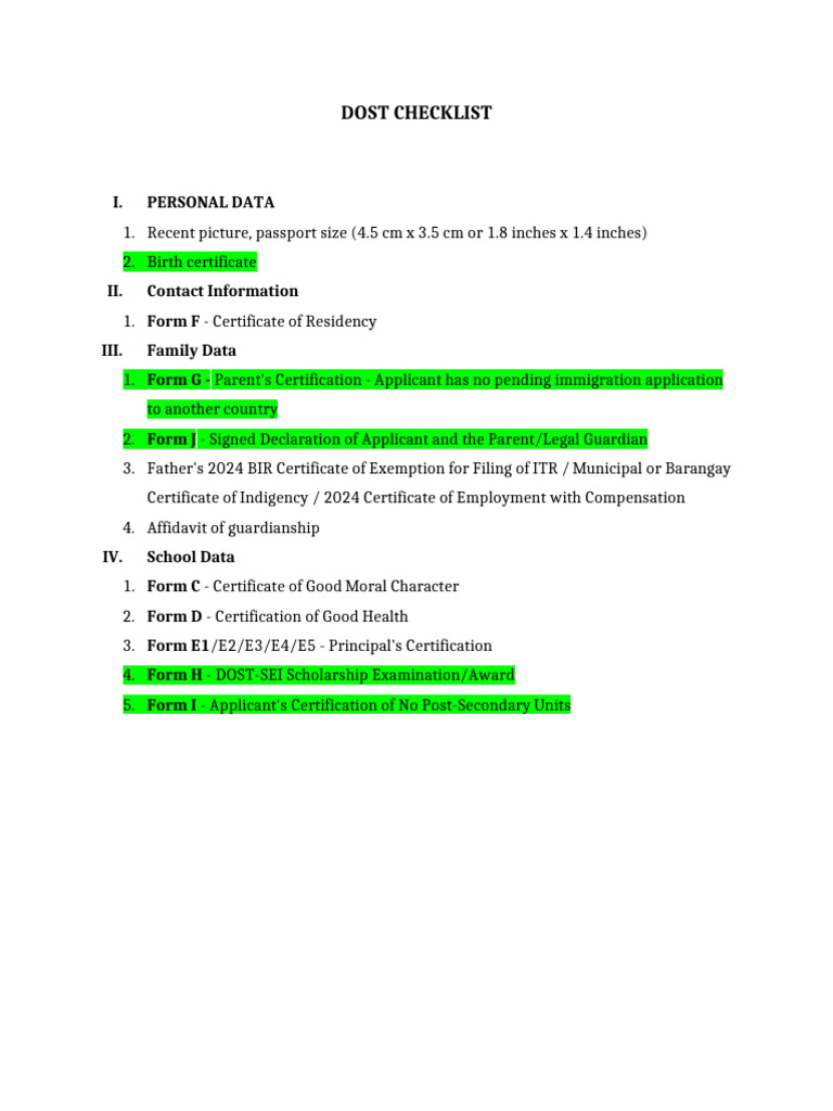 DOST Scholarship Application Checklist | PDF