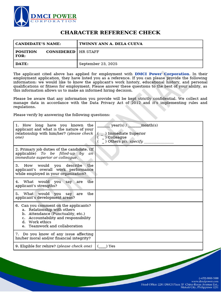 Character Reference Check | PDF