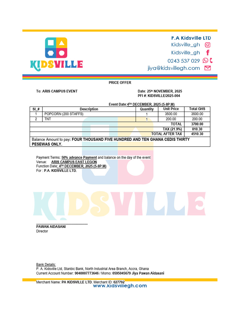 Proforma Invoice for Aris Campus Event 4.12.2025 | PDF