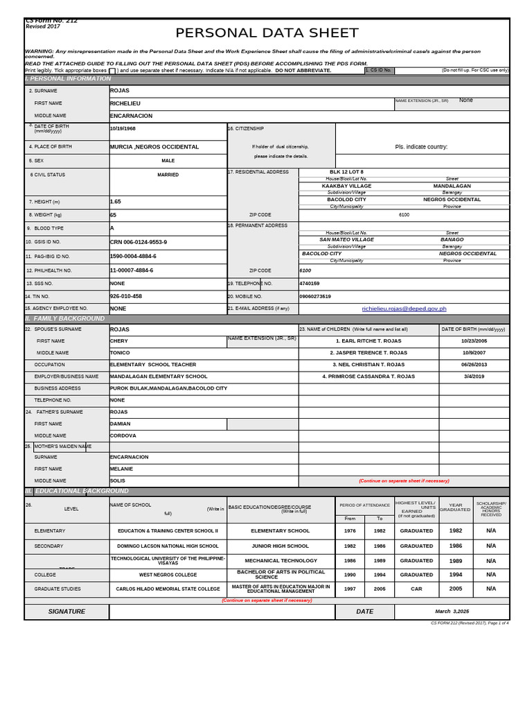 CS Form No. 212 Personal Data Sheet Ht IV | PDF