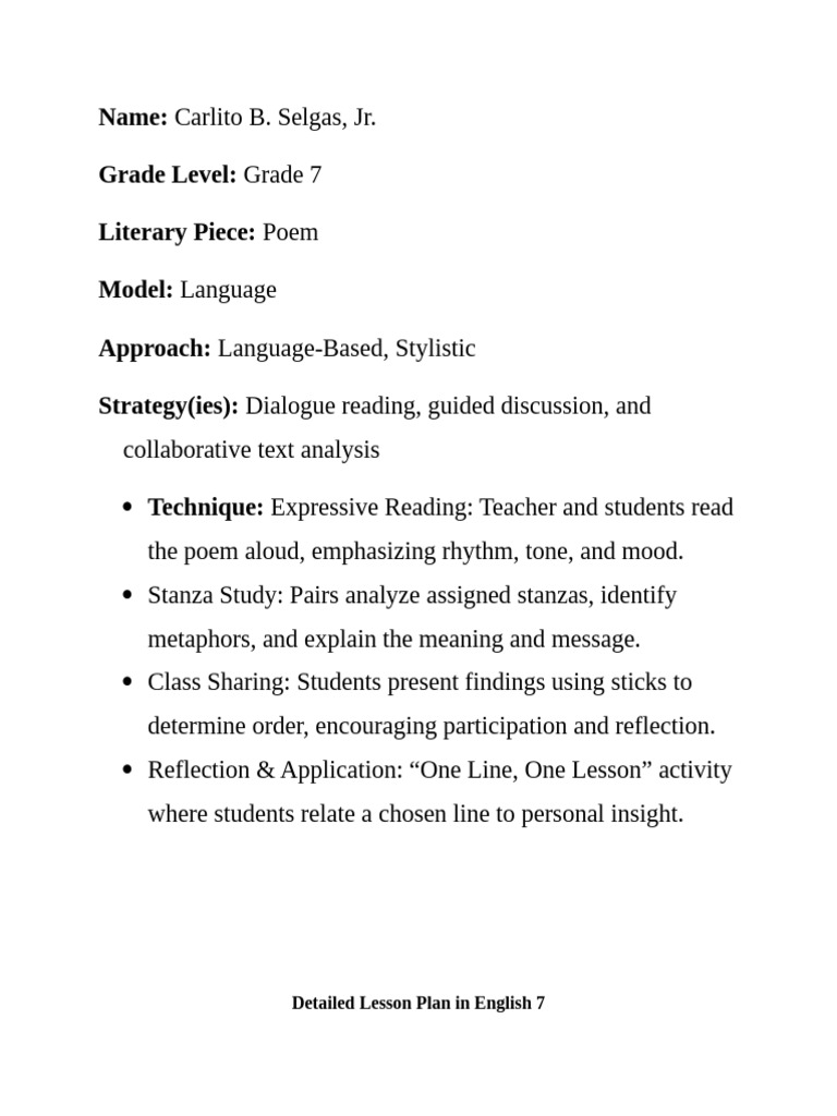 Grade 7 Poetry Lesson Plan: Metaphors | PDF | Metaphor | Psychological ...