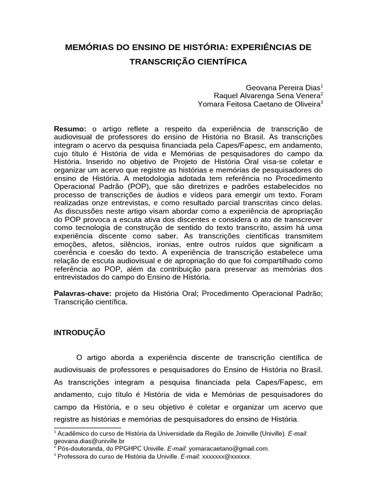 Artigo _ Ic_geovana Pereira Dias Final 2023-2 | PDF | Experiência | História oral