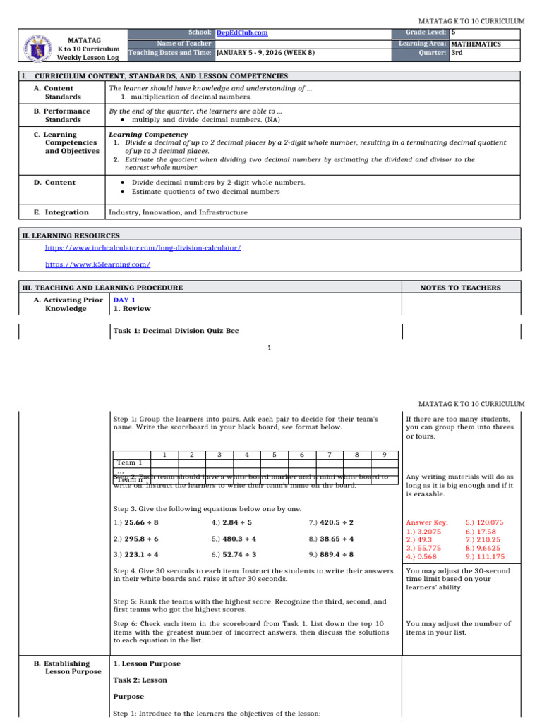 Grade 5 Decimal Division Lesson Plan | PDF | Division (Mathematics ...