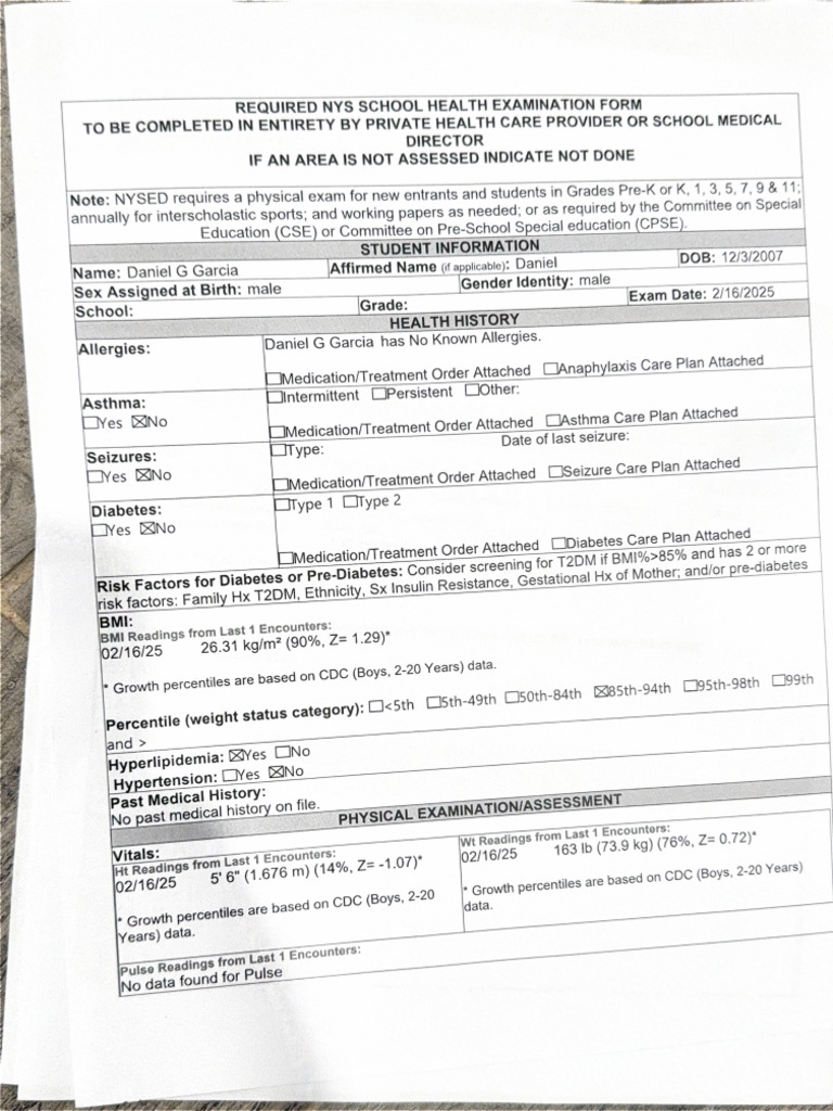 Required Nys School Health Examination Form | PDF
