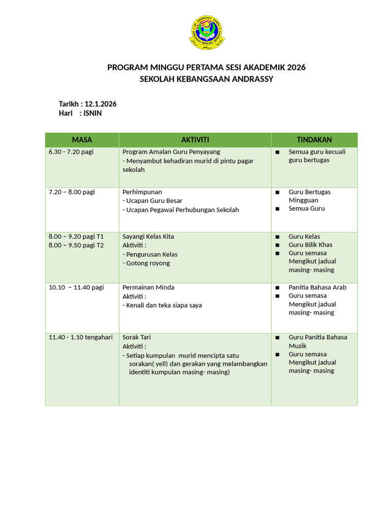 PROGRAM MINGGU PERTAMA PERSEKOLAHAN 2026 | PDF