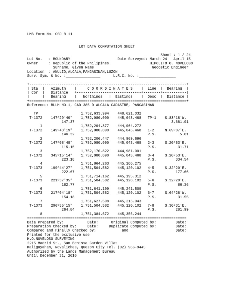 Lot Data Computation Sheet - Pangasinan | PDF | Surveying | Geographic ...