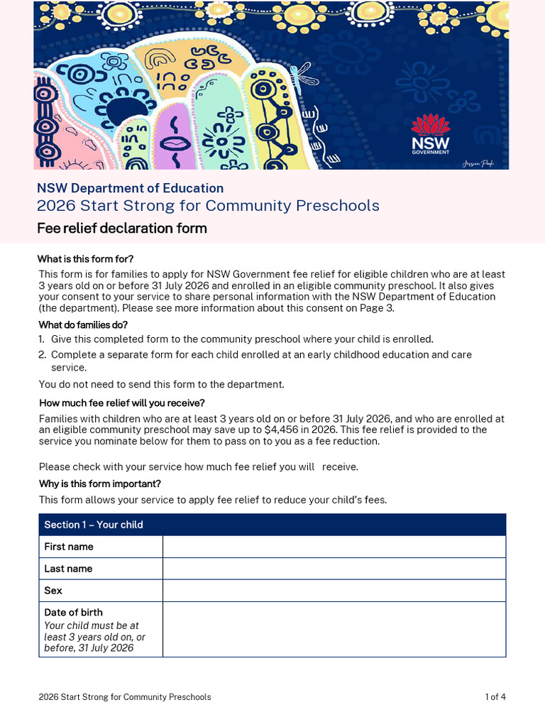 2026 Start Strong Community Preschool Fee Relief Declaration Form | PDF ...