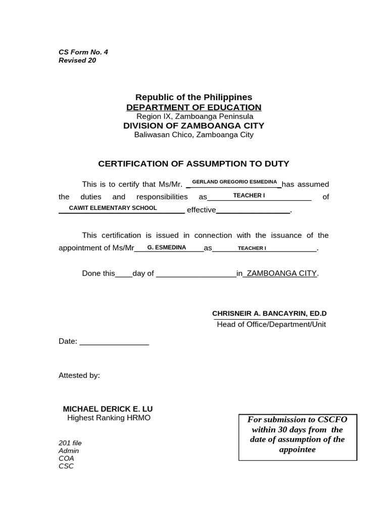 CS Form No. 4 Certification of Assumption to Duty | PDF