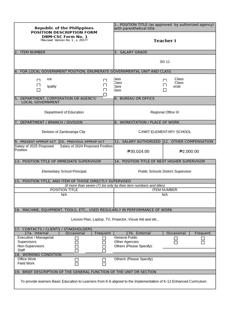 TEACHER 1 - DBM-CSC Form No. 1 Position Description Forms (Version 1 ...