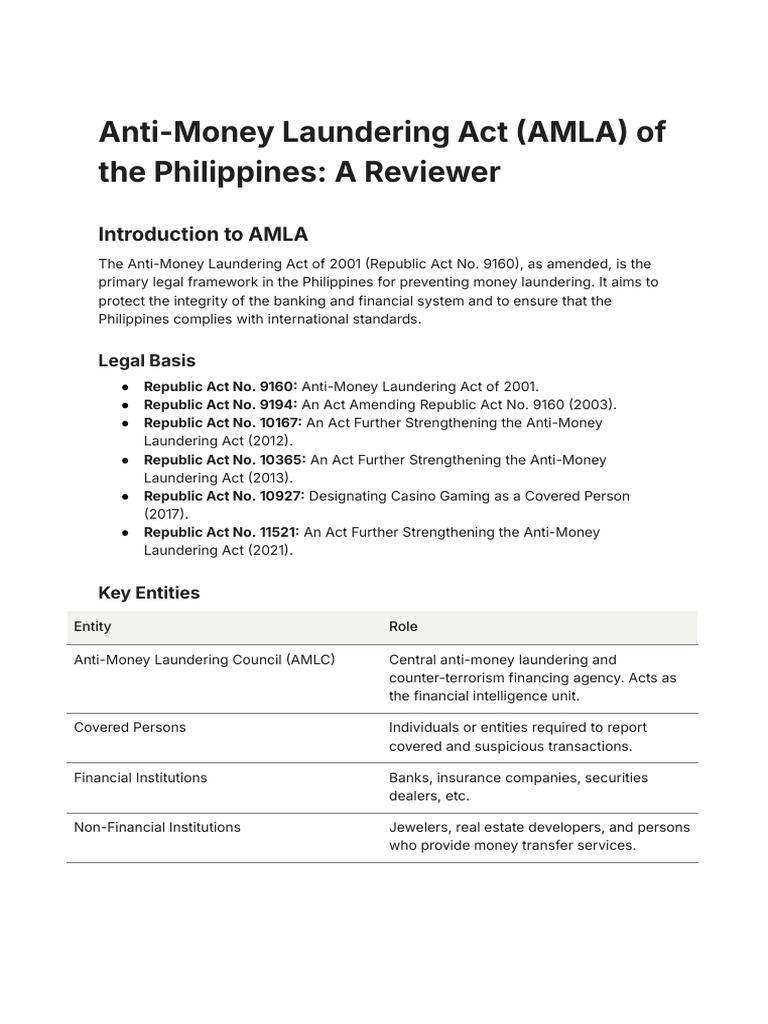 Philippines Anti-Money Laundering Act Overview | PDF | Money Laundering ...