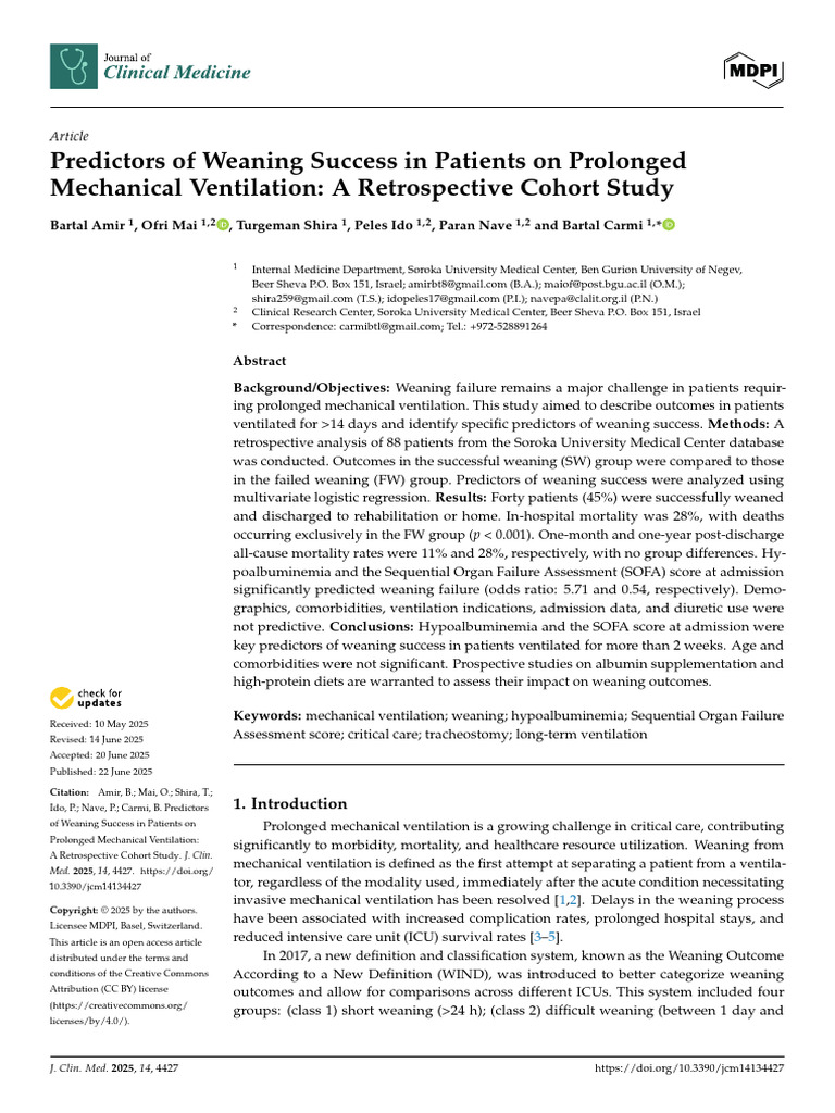 Predictors of Weaning Success in Patients on Prolonged Mechanical ...