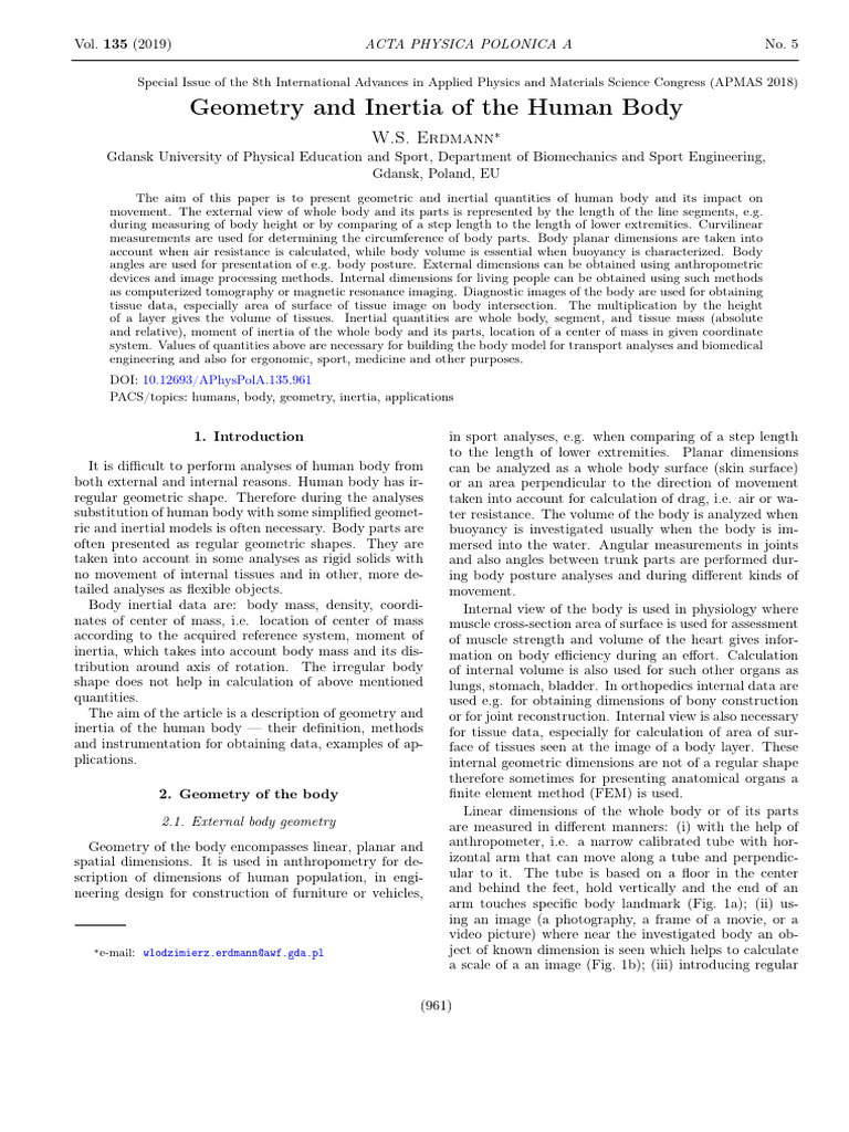 Human Body Geometry and Inertia Analysis | PDF | Center Of Mass | Mass