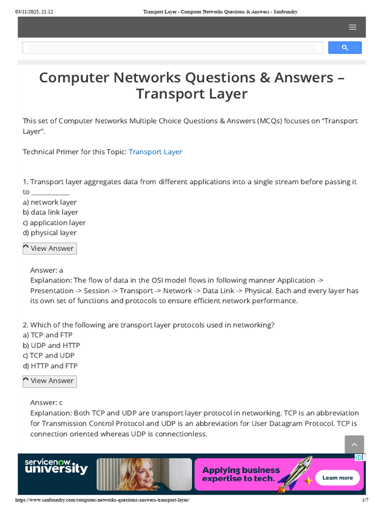 Transport Layer - Computer Networks Questions & Answers - Sanfoundry ...
