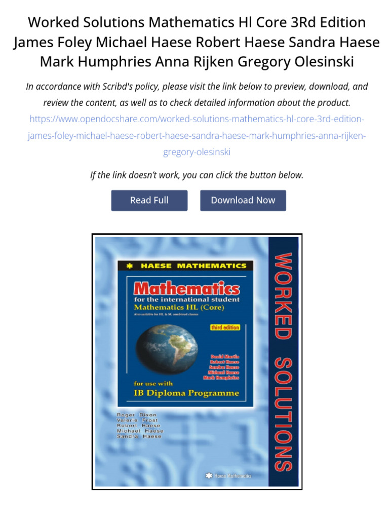 Worked Solutions Mathematics HL Core 3rd Edition James Foley Michael ...