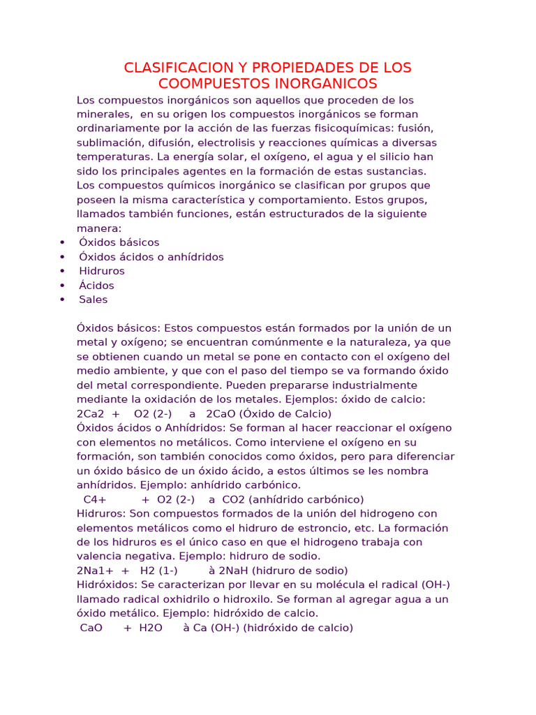 Clasificacion y Propiedades de Los Coompuestos Inorganicos | PDF ...