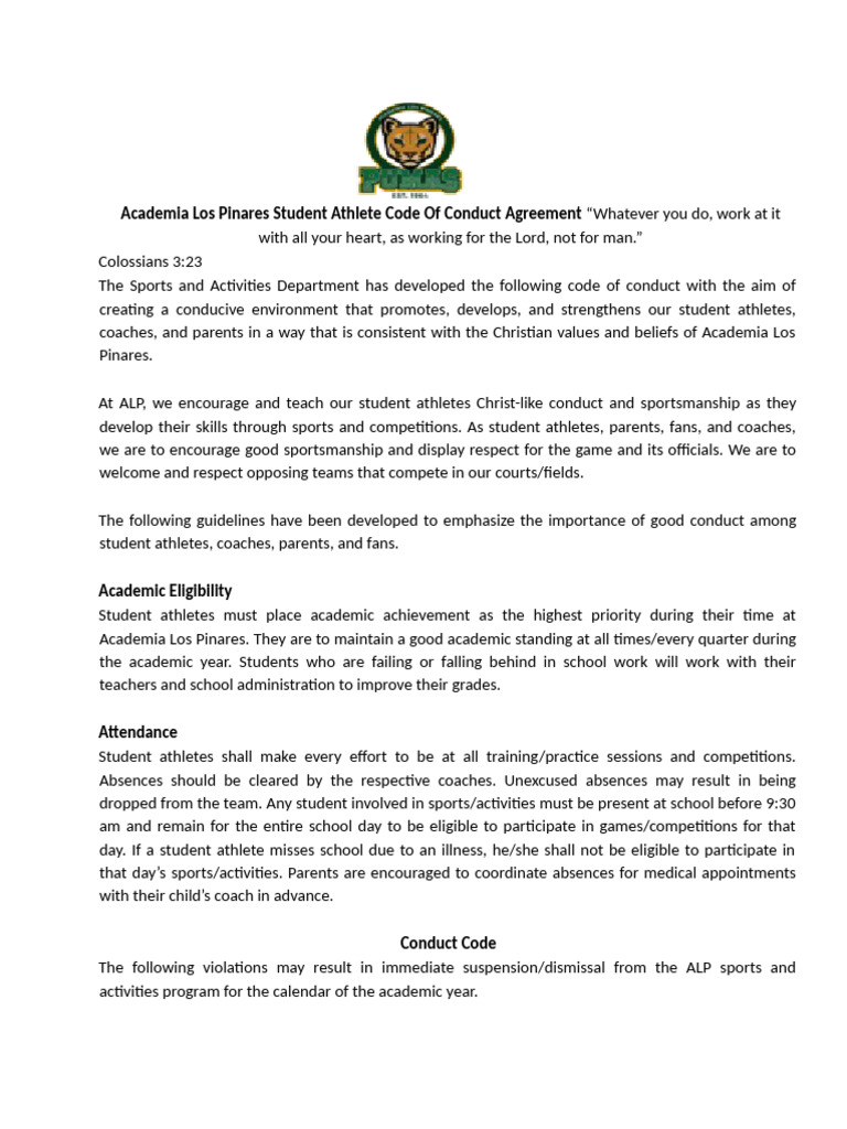 ALP Student Athlete Code of Conduct | PDF | Sports