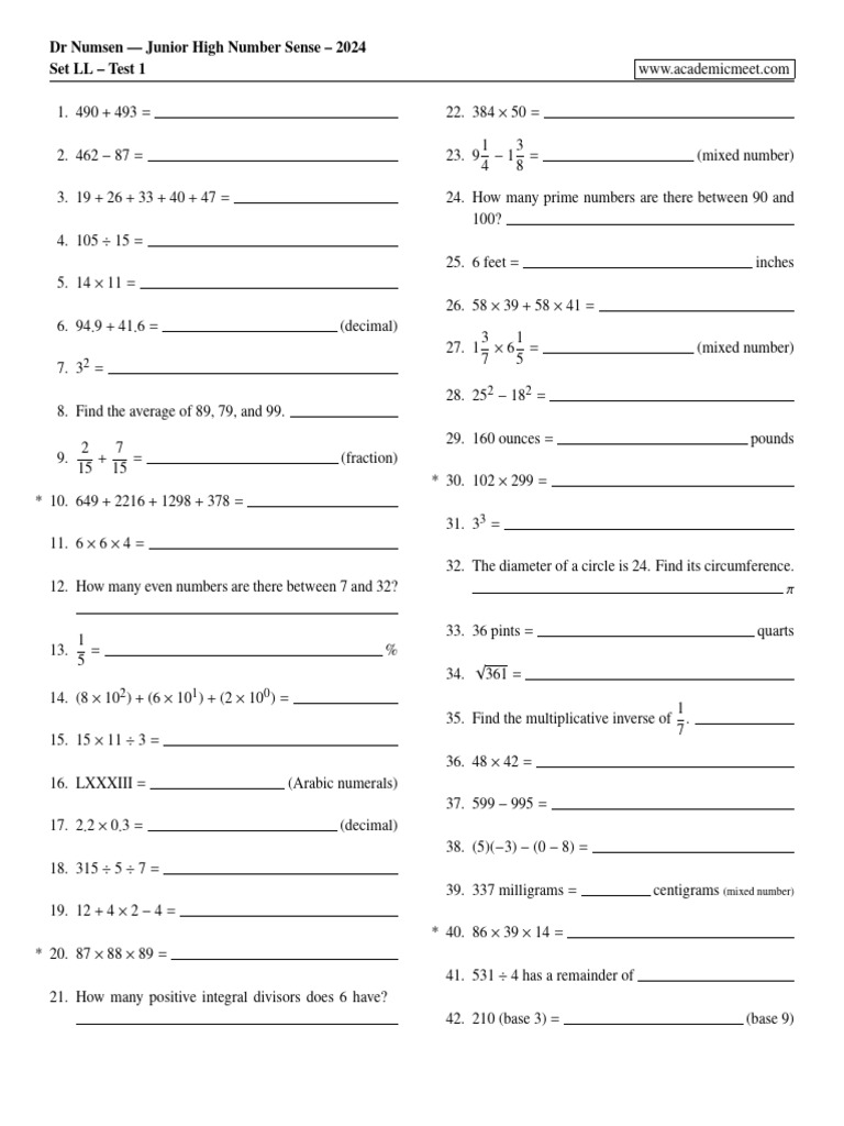 Junior High Number Sense Test 1 | PDF | Elementary Mathematics | Number ...