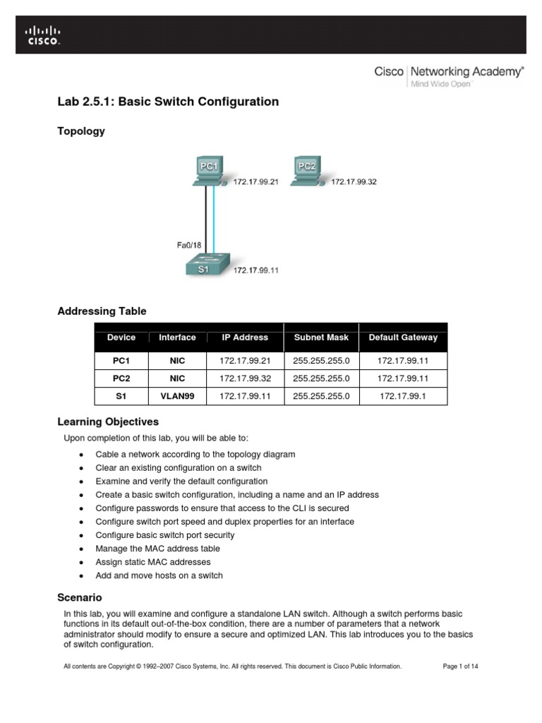 Lab 2 5 1 Basic Switch Configuration | PDF | Network Switch | Cisco Certifications