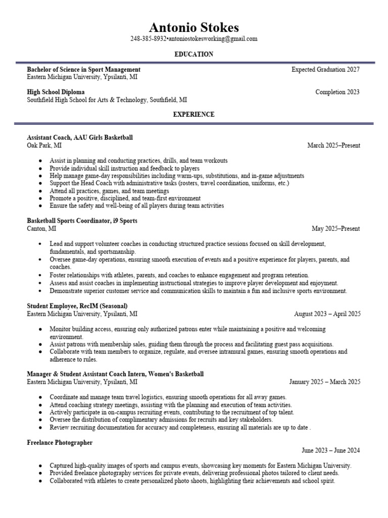 Antonio Stokes: Sport Management Resume | PDF