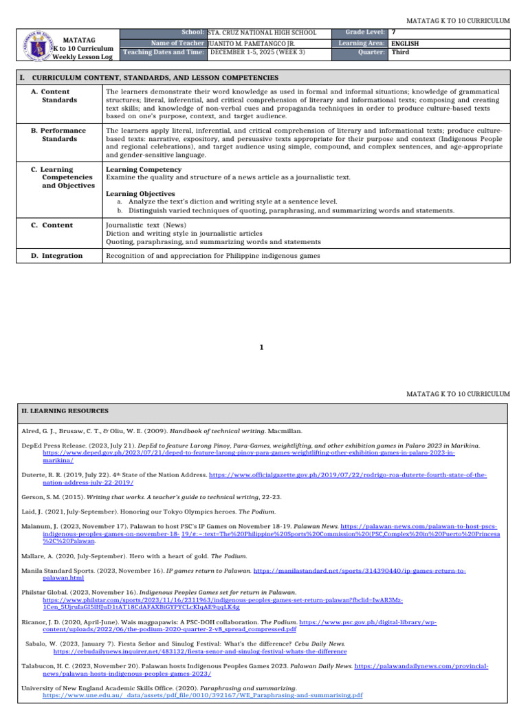 K-10 English Curriculum Weekly Log | PDF | Human Communication