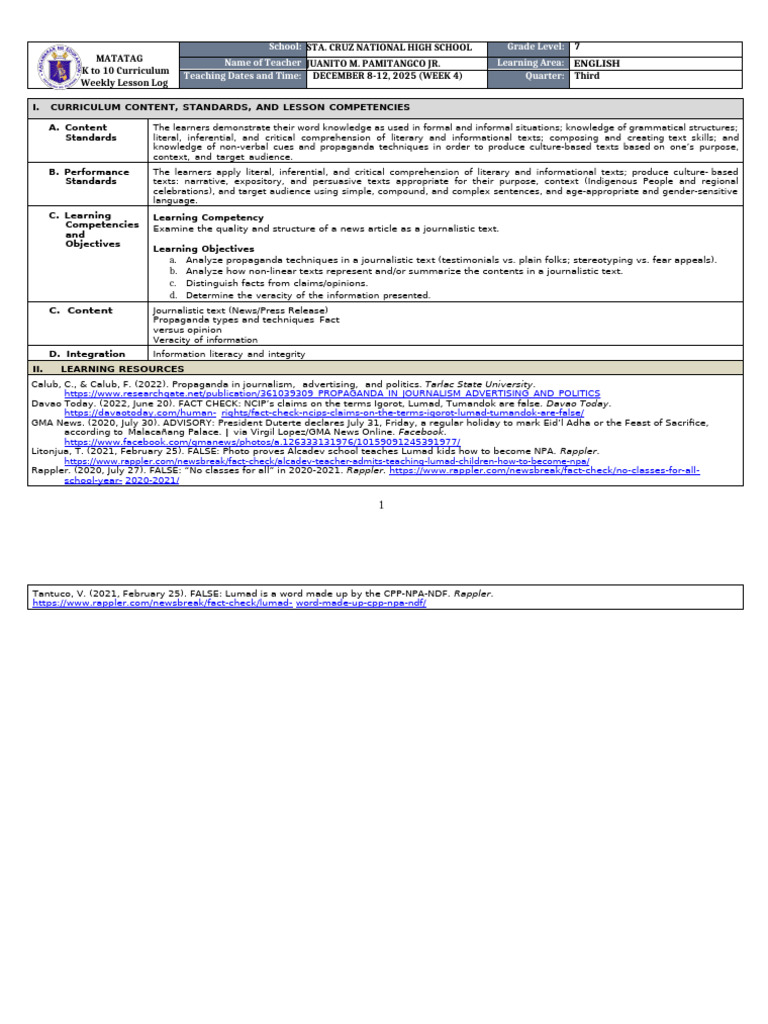 Weekly English Lesson Plan: Propaganda Techniques | PDF | Propaganda ...