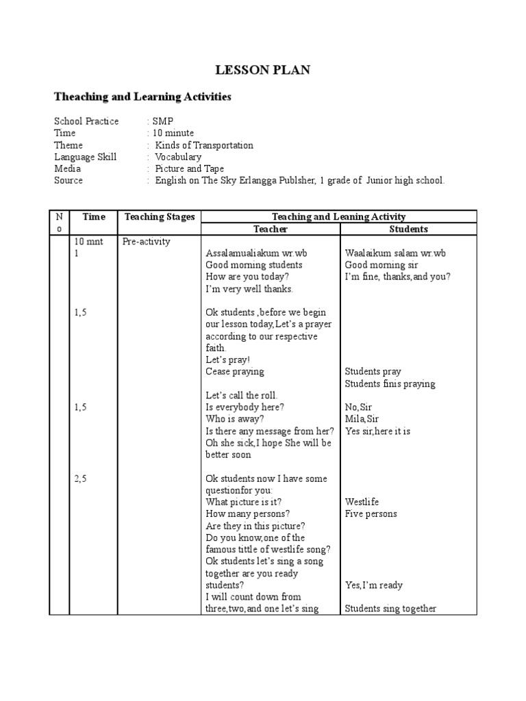 Lesson Plan: Theaching and Learning Activities | PDF | Teaching | Teachers