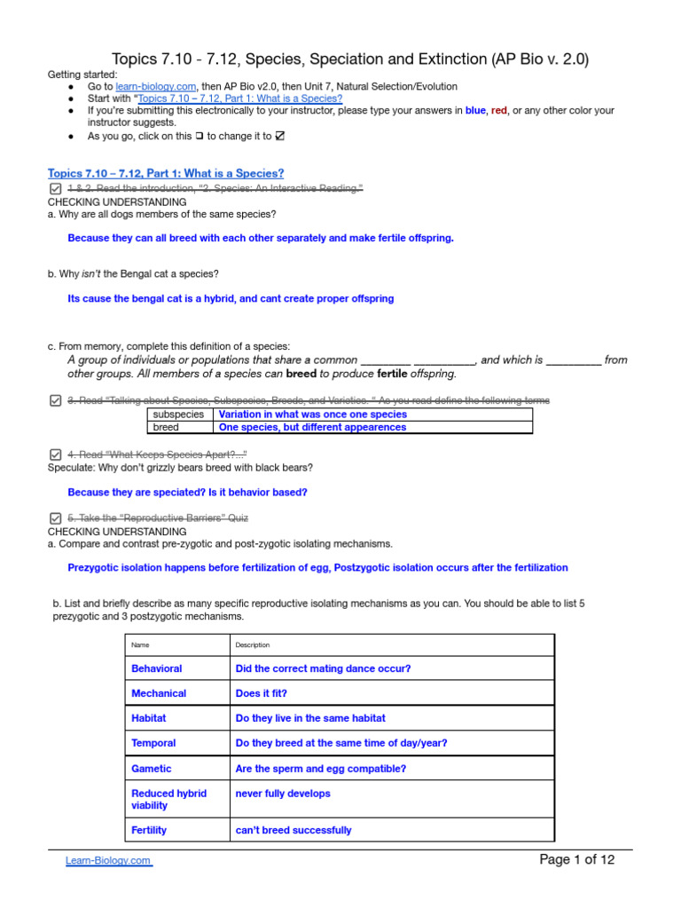 LearnBio Worksheet - Species, Speciation, and Extinction | PDF ...
