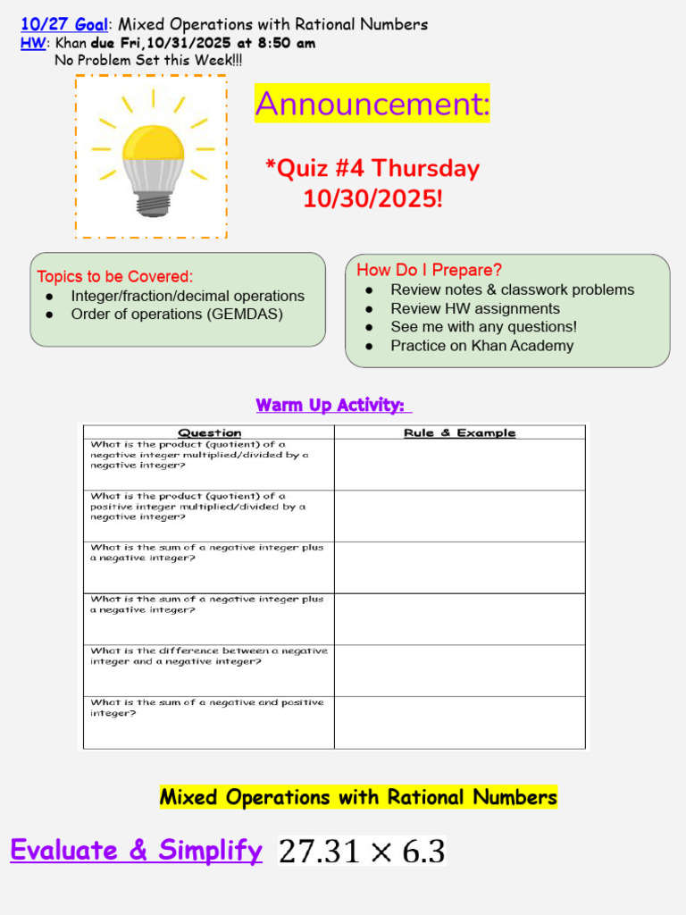 10_27 (Monday) Mixed Operations with Rational Numbers | PDF