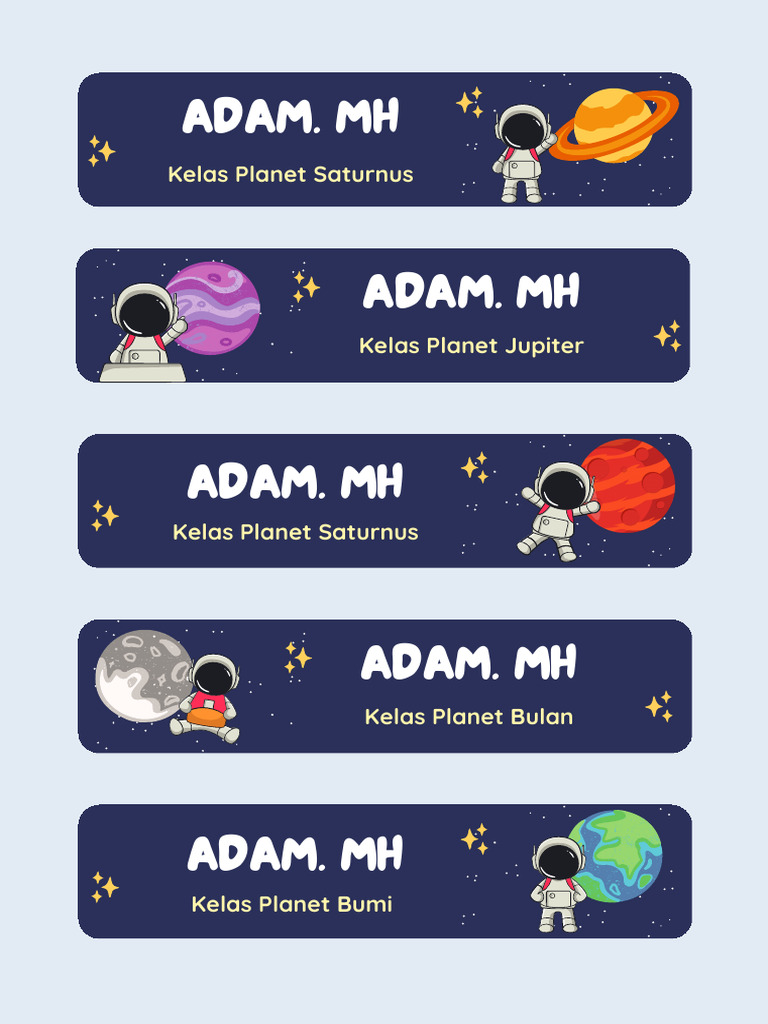 Biru Putih Label Nama Anak Lucu Astronot Dokumen A4 | PDF