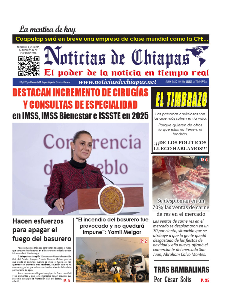 Periódico Noticias De Chiapas Edición Virtual Miércoles 14 De Enero De