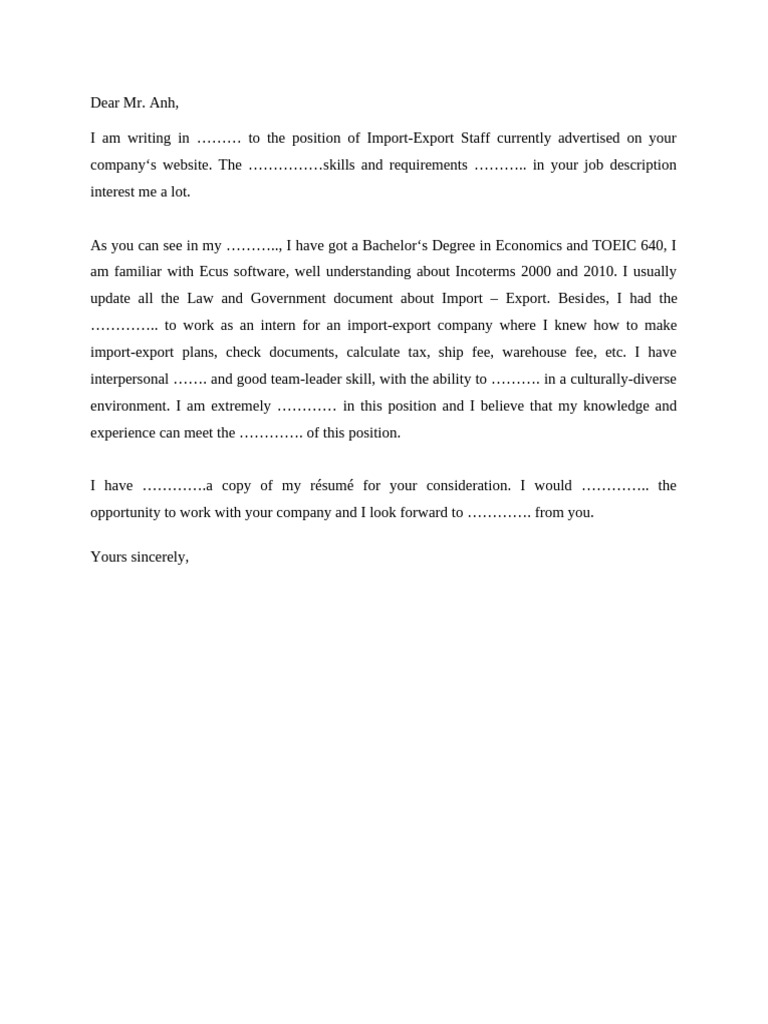 Import-Export Staff Application Letter | PDF