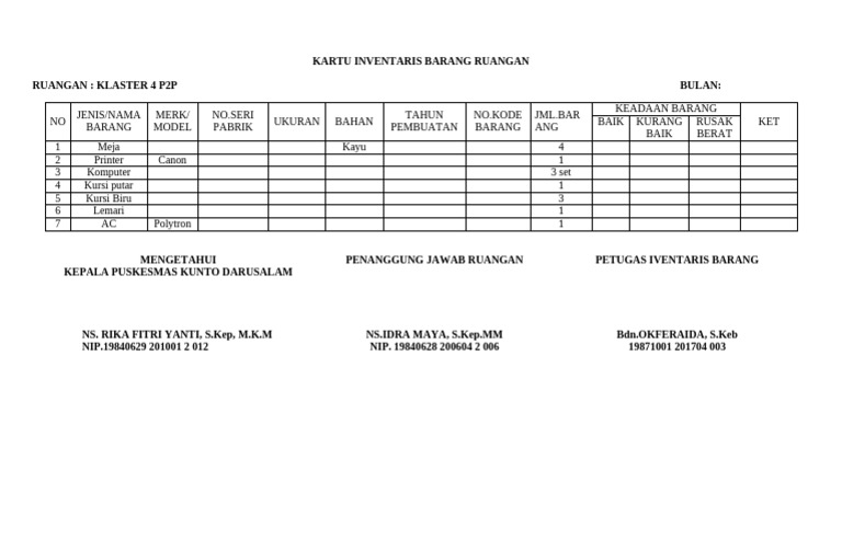 Inventaris Barang Ruangan Klaster 4 P2P | PDF