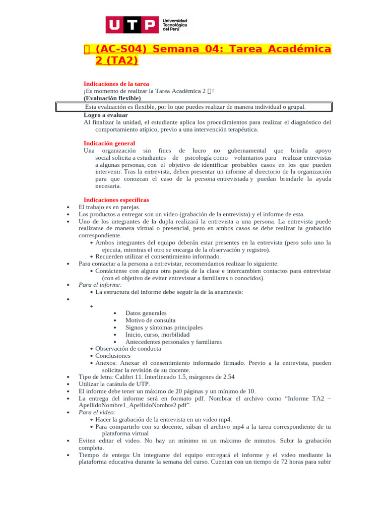 ? (AC-S02) Semana 02 Tarea Académica 2 (TA2) (PSICOPATOLOGIA) | PDF