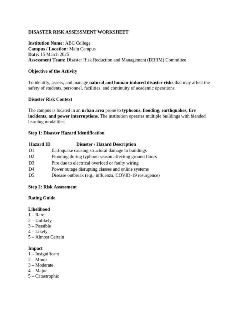 Disaster Risk Assessment Worksheet | PDF | Risk | Hazards