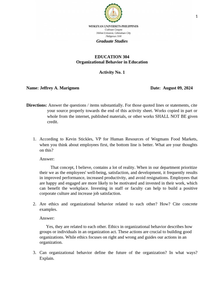 WU P Education 304 Activity 1, Marigmen | PDF | Organizational Behavior ...