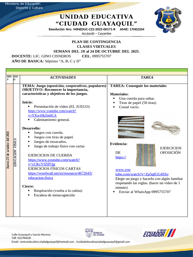 Plan de Contingencia Oct 20-24 Séptimo | PDF | Aprendizaje