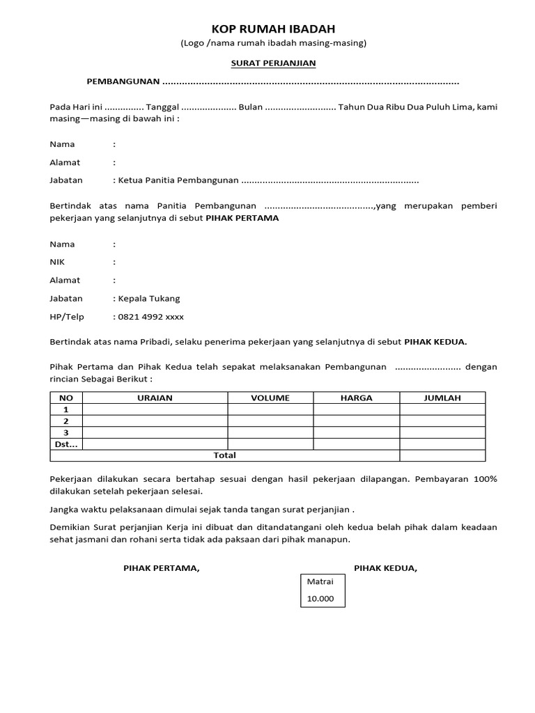 Format Surat Perjanjian Upah Tukang SPJ 2025 | PDF