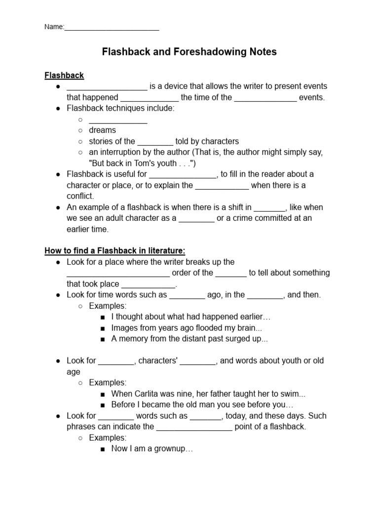 Flashback and Foreshadowing Guided Notes (Fill-in-the-Blank) – Middle ...