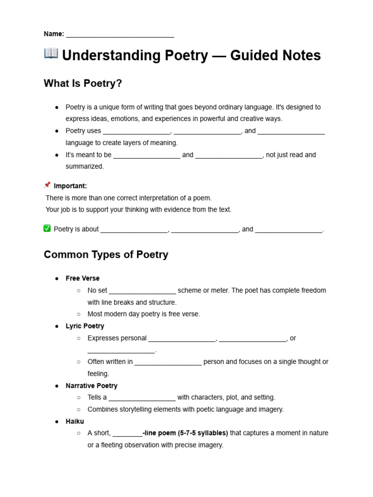Understanding Poetry – Guided Notes on Poetic Elements & Types (Middle ...
