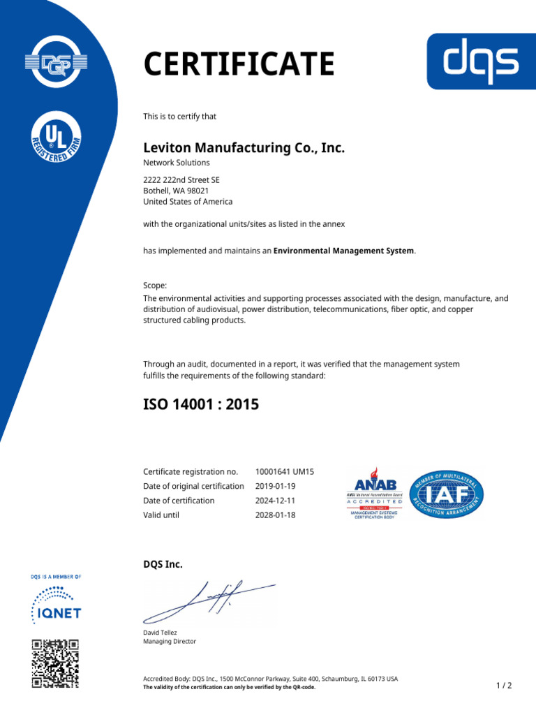 Leviton NS Bothell ISO 14001 2015 Environmental Management Certificate ...