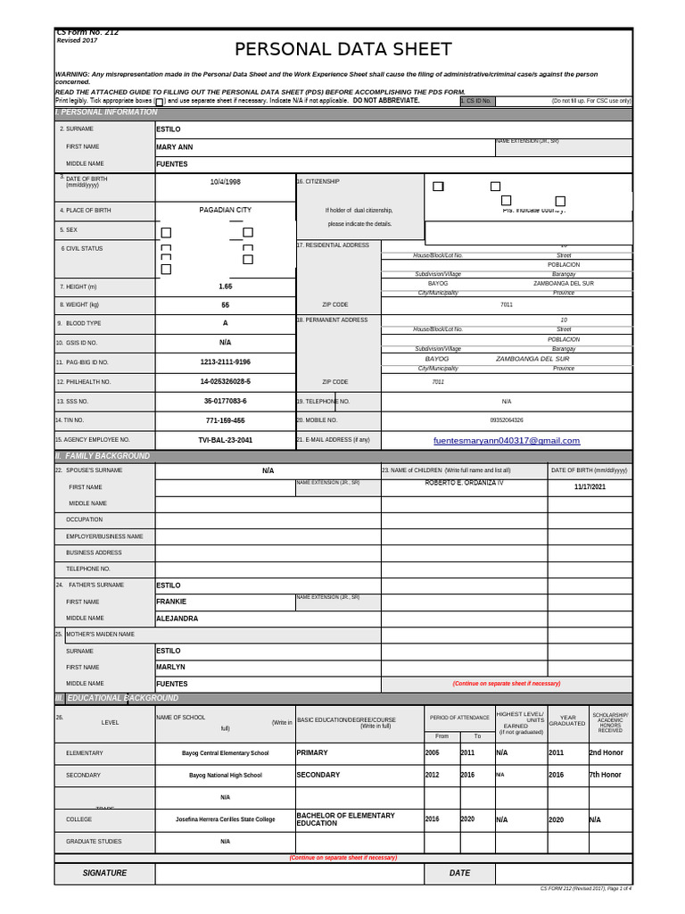 CS Form No. 212 Personal Data Sheet Revised | PDF