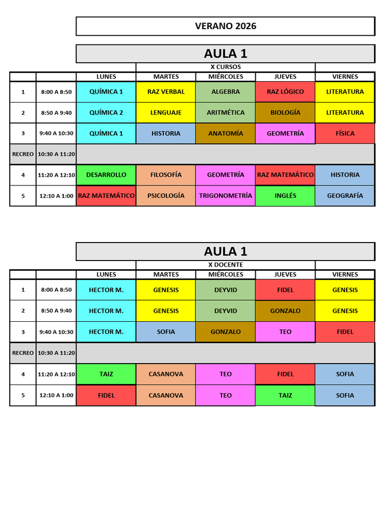 Horario de Clases Semanal 2026 | PDF