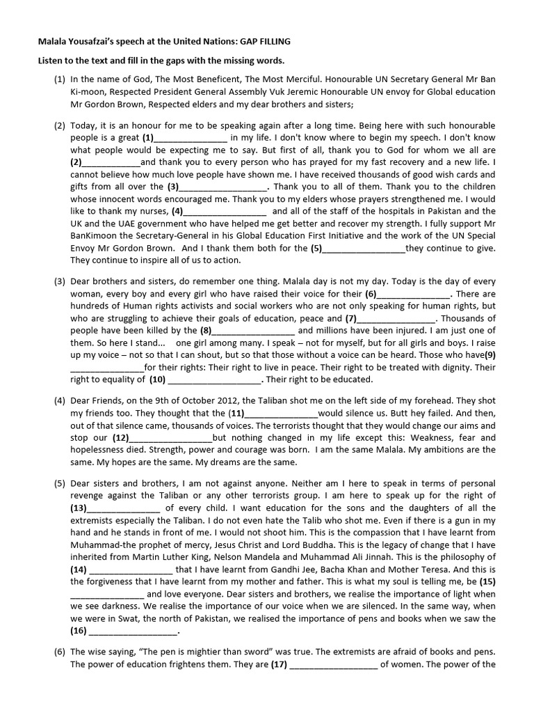 Malala's UN Speech: Education Advocacy | PDF | Malala Yousafzai | Taliban