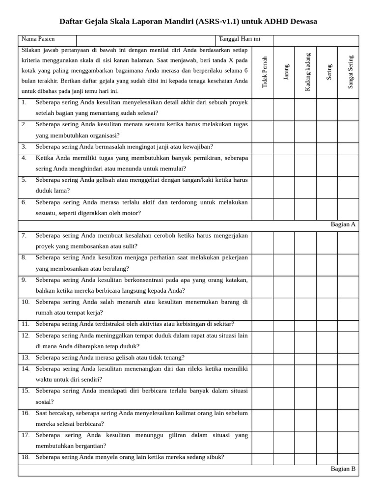 Gejala ADHD Dewasa: Skala ASRS-v1.1 | PDF