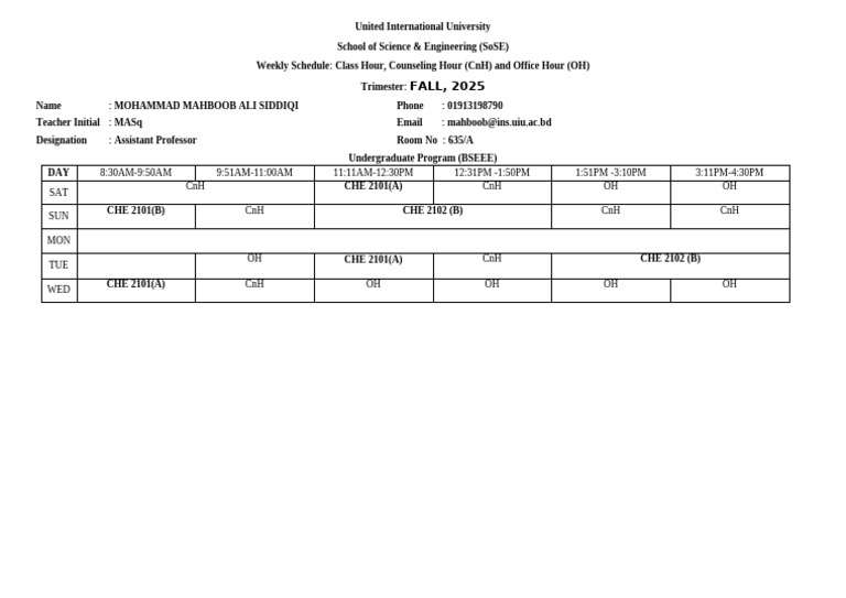 Faculty Weekly Schedule Hour_template_253 | PDF